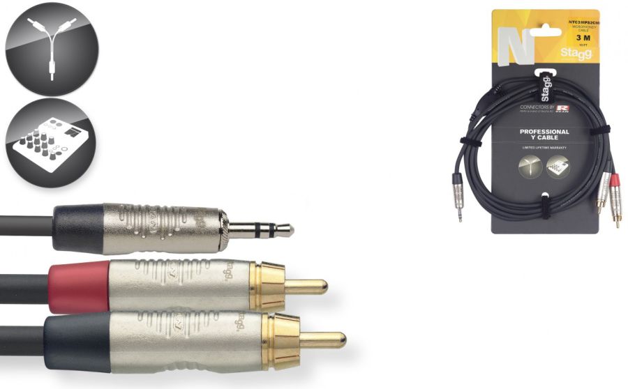 Stagg NYC6-MPS2CMR Minijack-to-2x-Phono Patch Cable, 6m Stereo Mini ...
